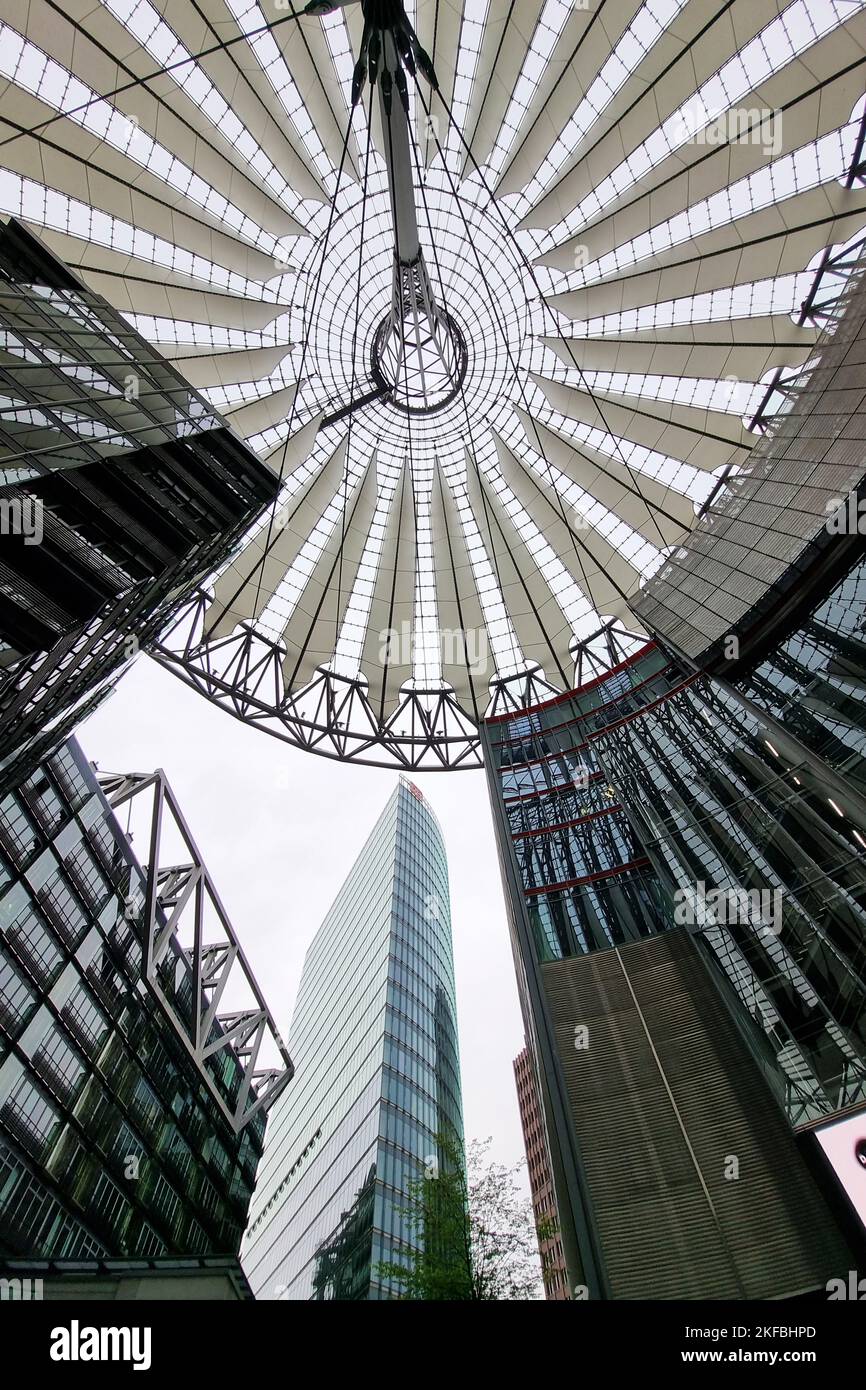 Berlin, Germany - Sept 2022: Tented glass roof dome with skyscrapers of ...