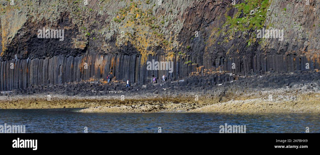 Tourists walking along the High Basalt Cliffs of Staffa, Hebrides ...