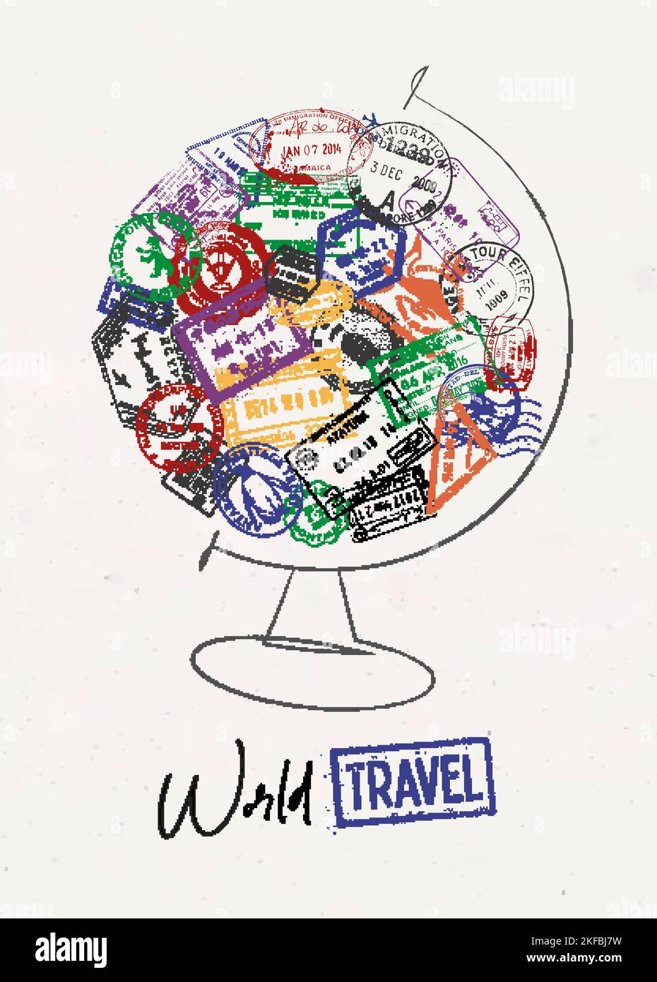 Globe made from a passport stamps different countries with lettering world travel poster style ...
