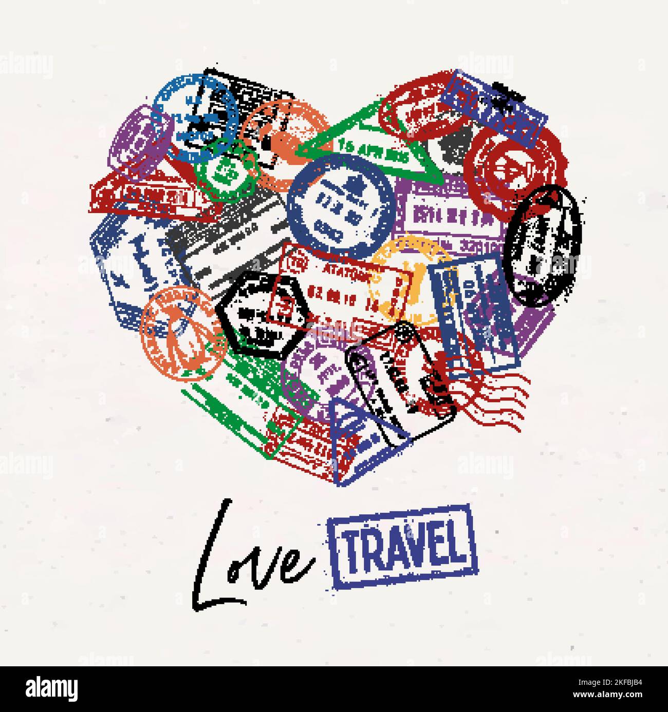 Heart made from a passport stamps different countries with lettering ...