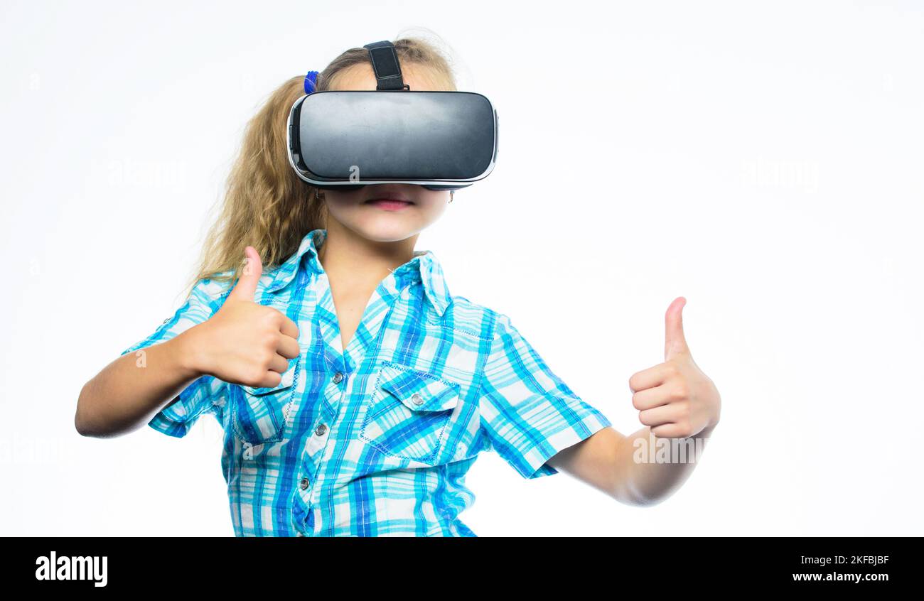 Kid explore modern technology virtual reality. Girl cute child with ...