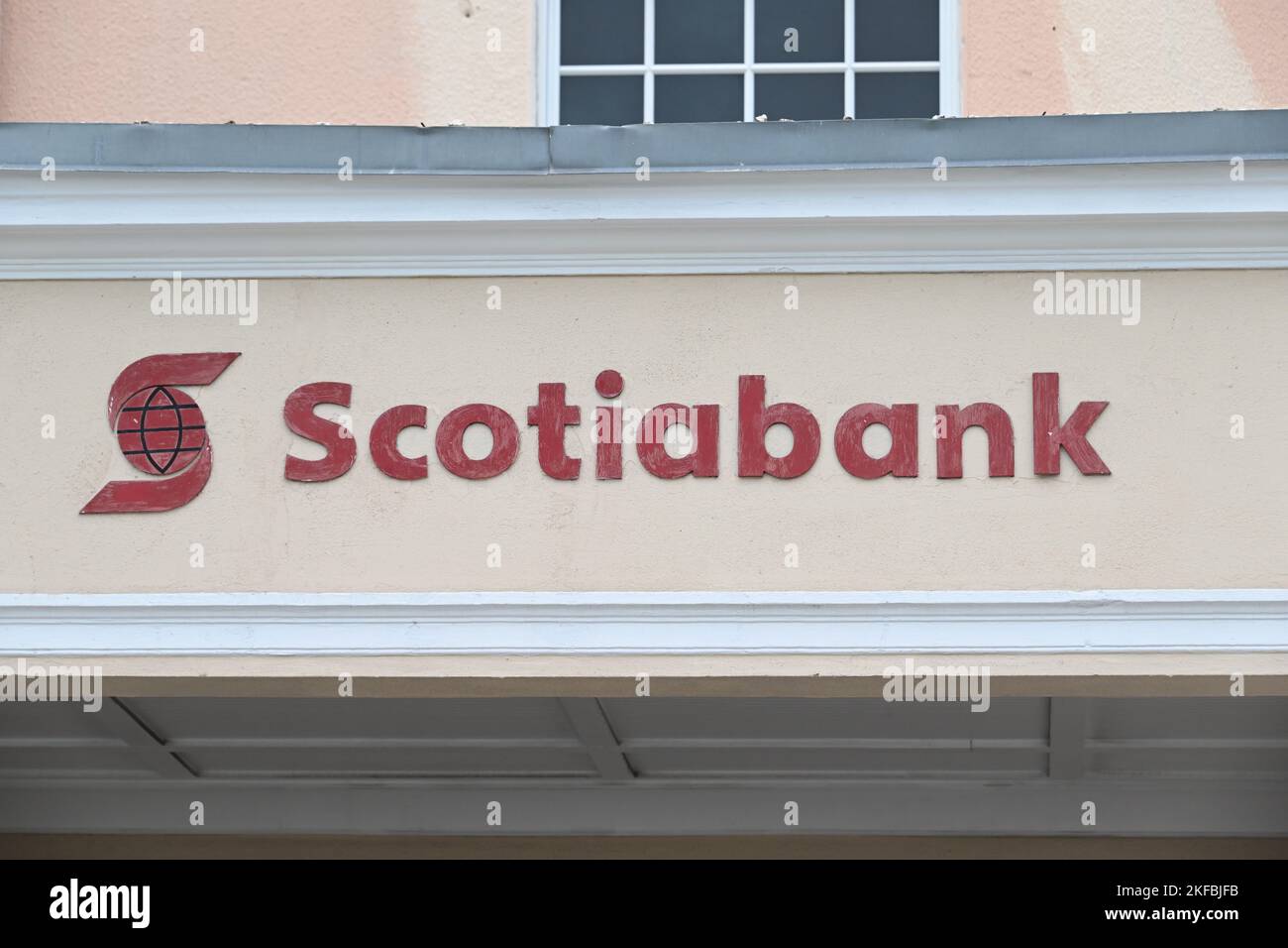 Nassau, The Bahamas. 11th Nov, 2022. Sign over the door to Scotiabank ...