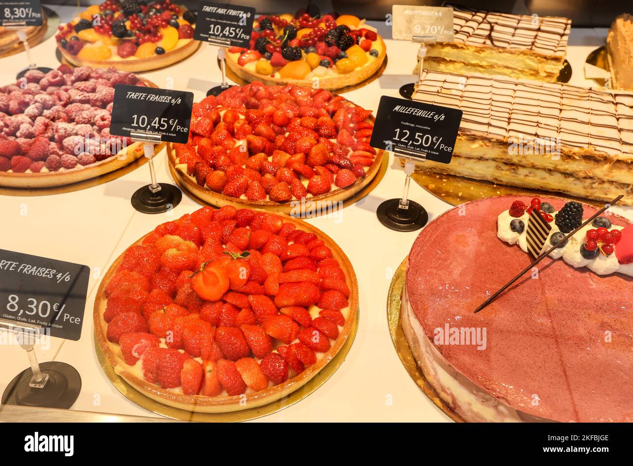Cake,cakes,fresh,patisserie,section,on,display,for,sale,at,At,E.Leclerc ...