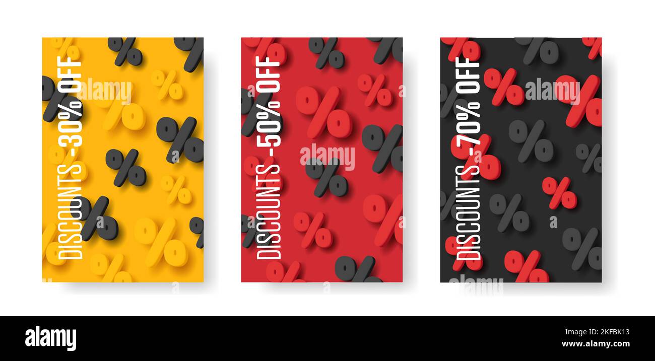 Set of discount poster templates with 3d volume percent symbols in red ...