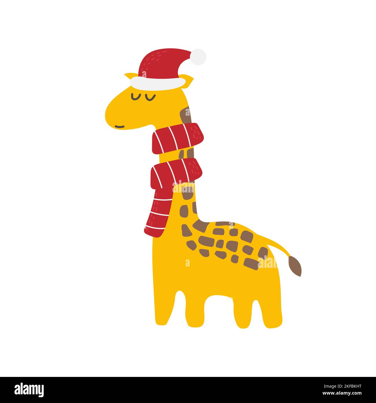 Cute christmas giraffe in santa hat, cartoon vector illustration on ...