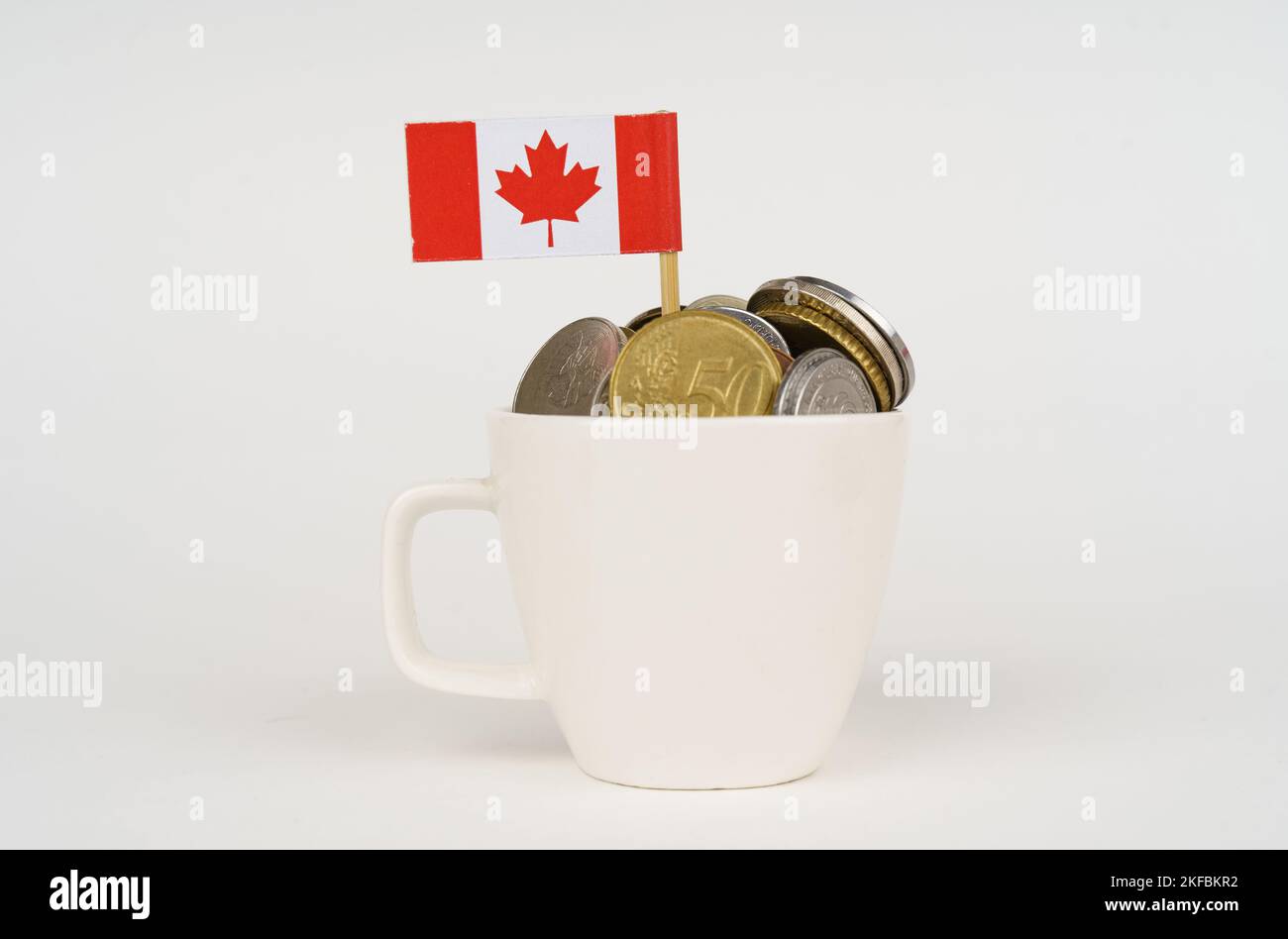 The flag of Canada sticks out of a cup with coins. Economy and business ...