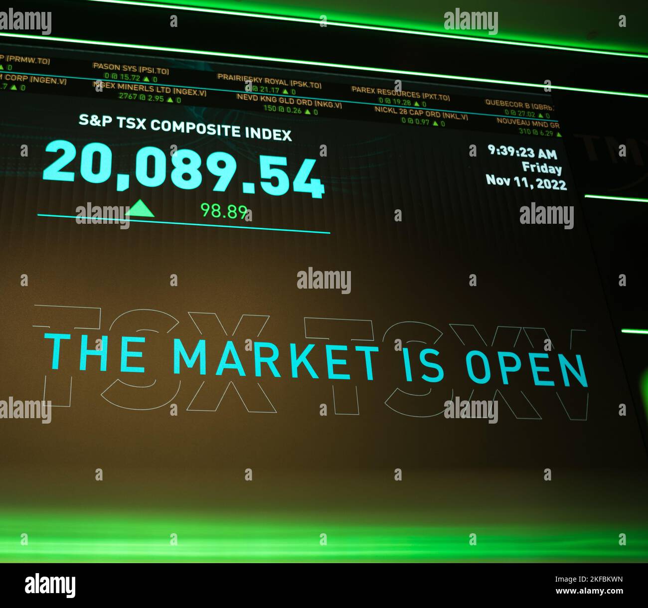 The S&P TSX composite index screen at the TMX Market Centre in downtown ...