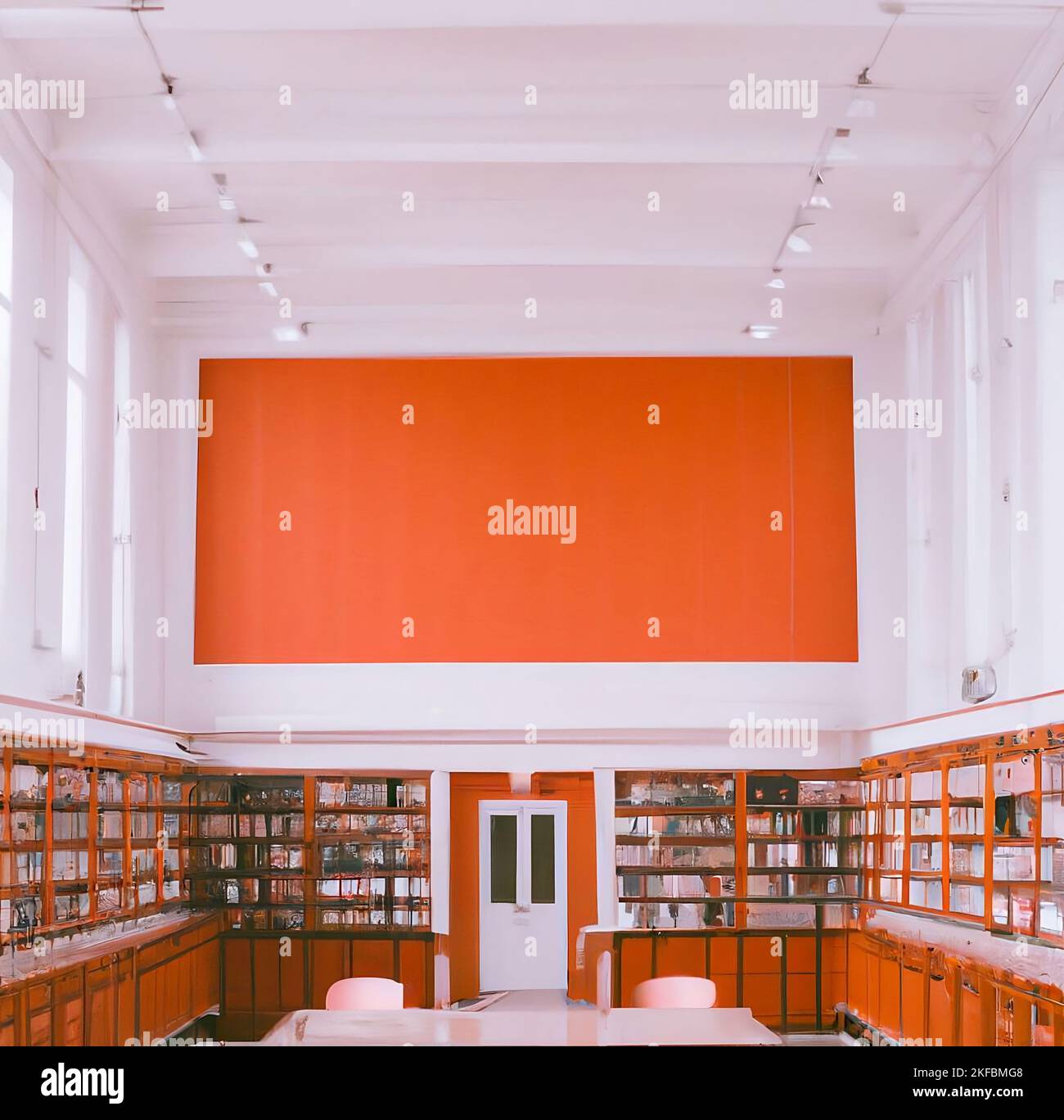 A beautiful library interior with orange shelves and an orange banner ...