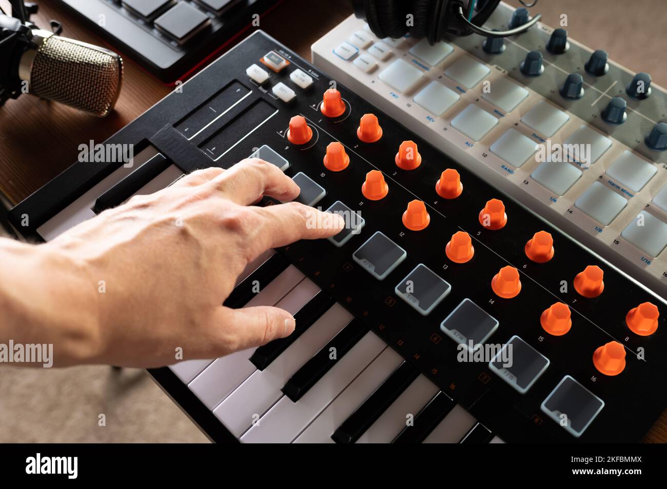 Close-up. The musician plays the studio professional instrument - midi ...