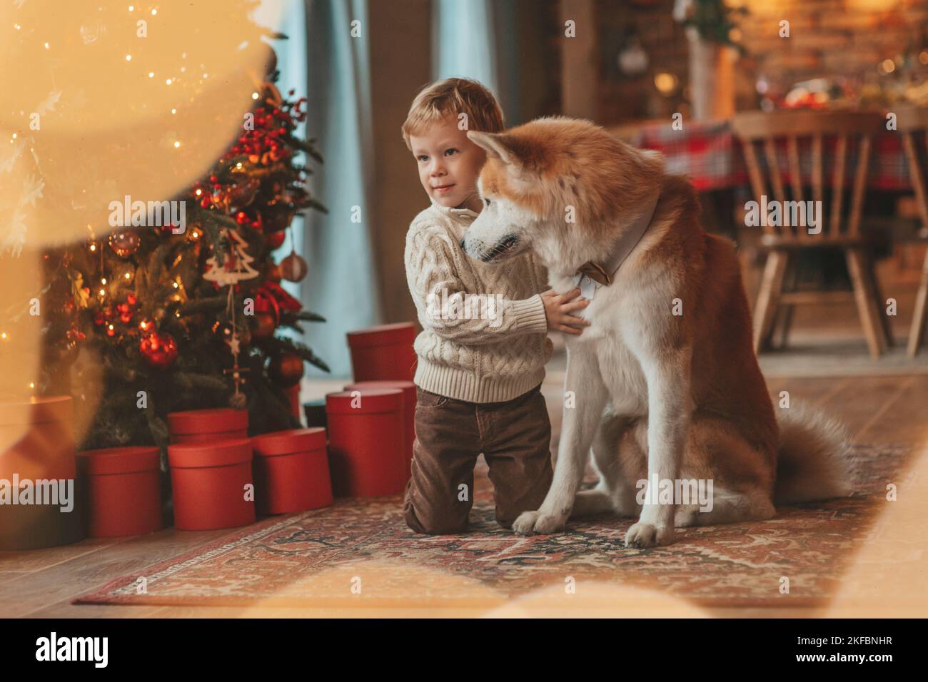 Smiling small child having fun with dog waiting for miracle Santa at ...
