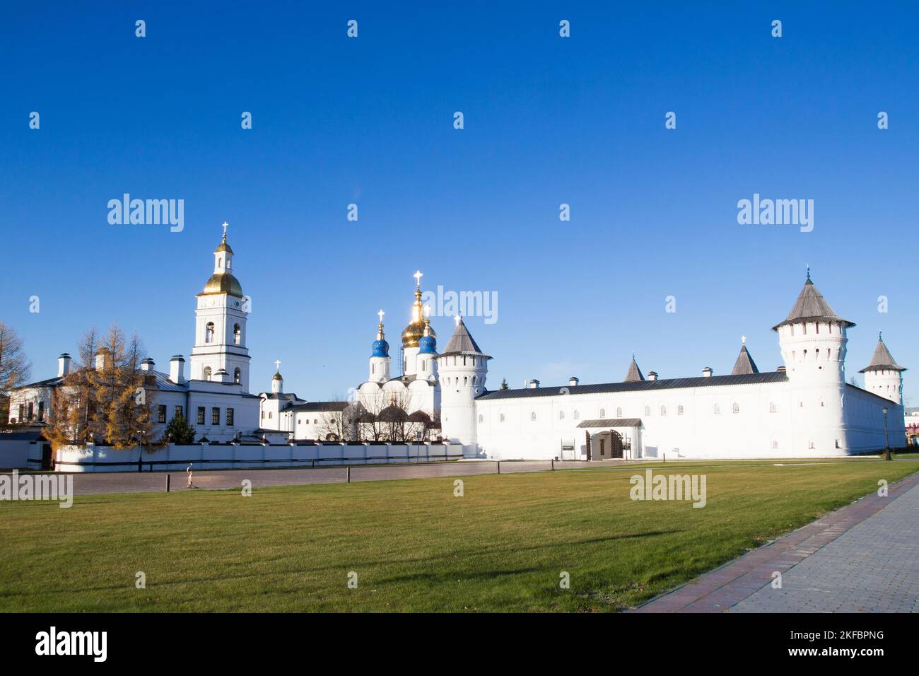 Tobolsk Kremlin. White stone towers of the fortress wall. Old Russian ...
