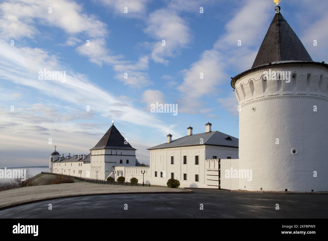 Tobolsk Kremlin. White stone towers of the fortress wall. Old Russian ...