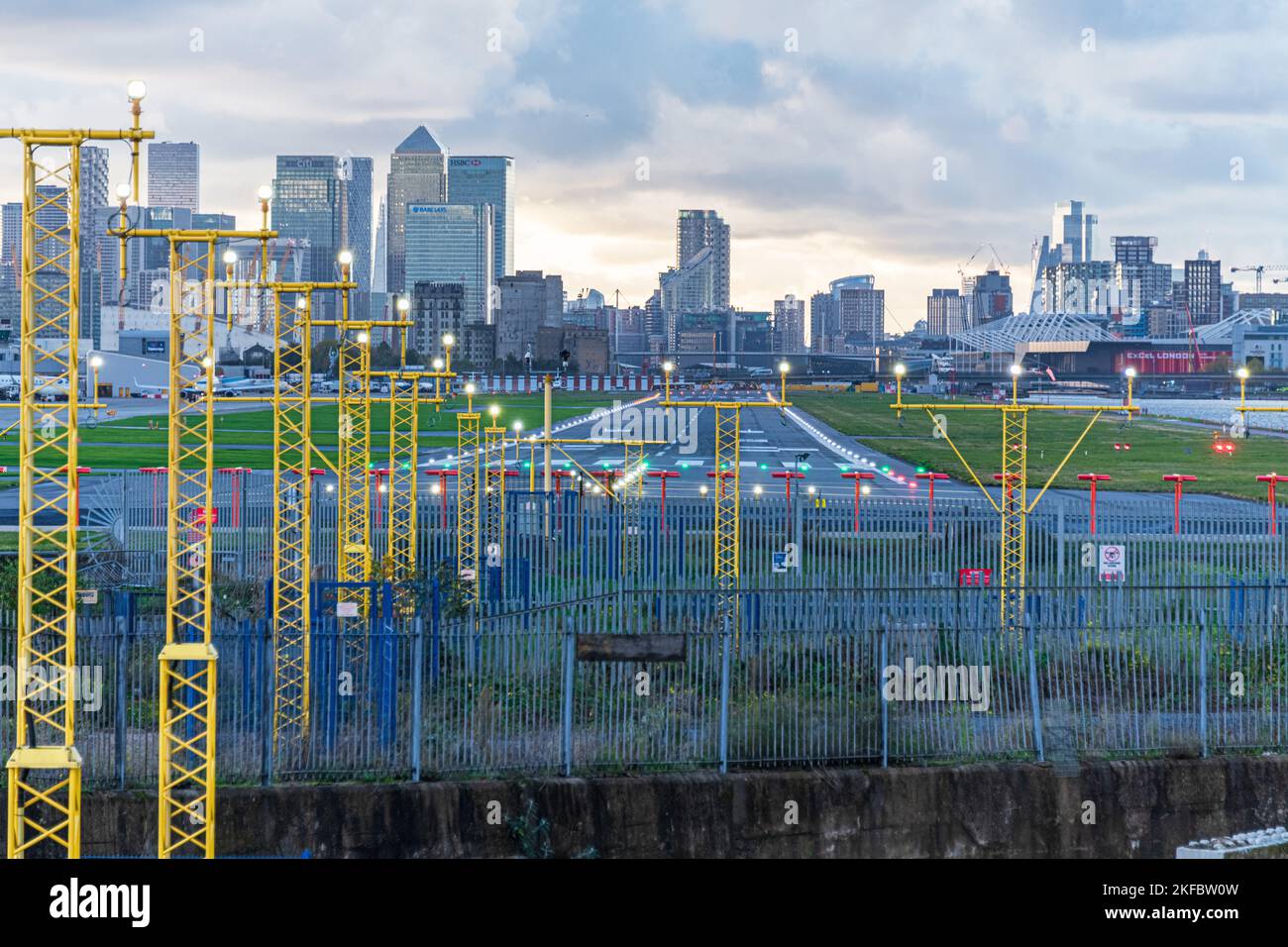 An Empty Runway at Sunset, looking towards Canary Wharf, London City ...