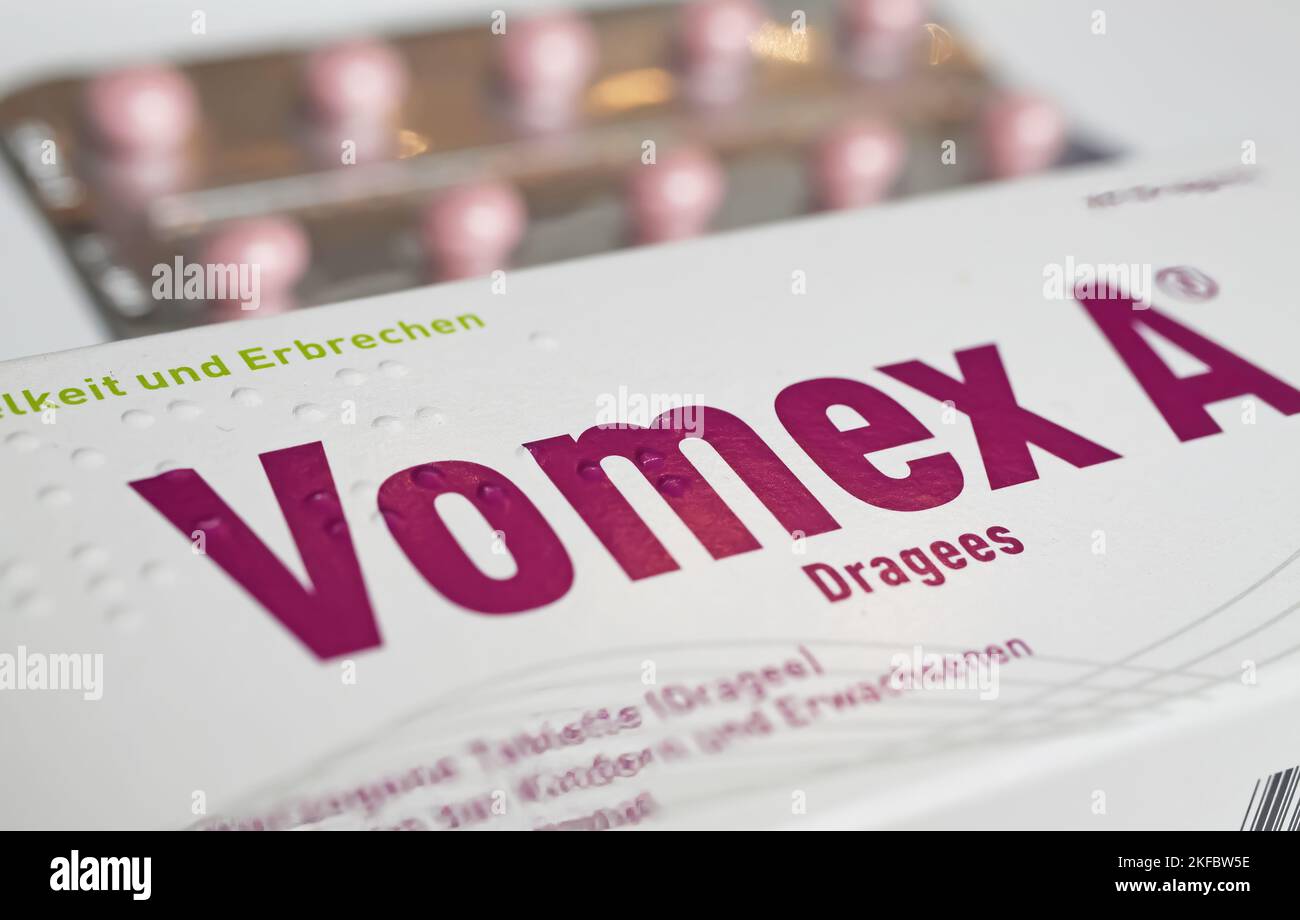 Viersen, Germany - June 9. 2022: Closeup of packet Vomex dragees ...
