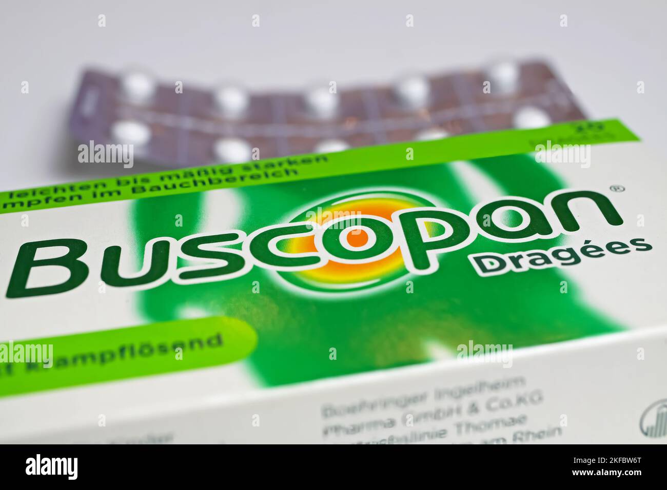 Viersen, Germany - Juin 9. 2022: Closeup of Buscopan pills packet ...