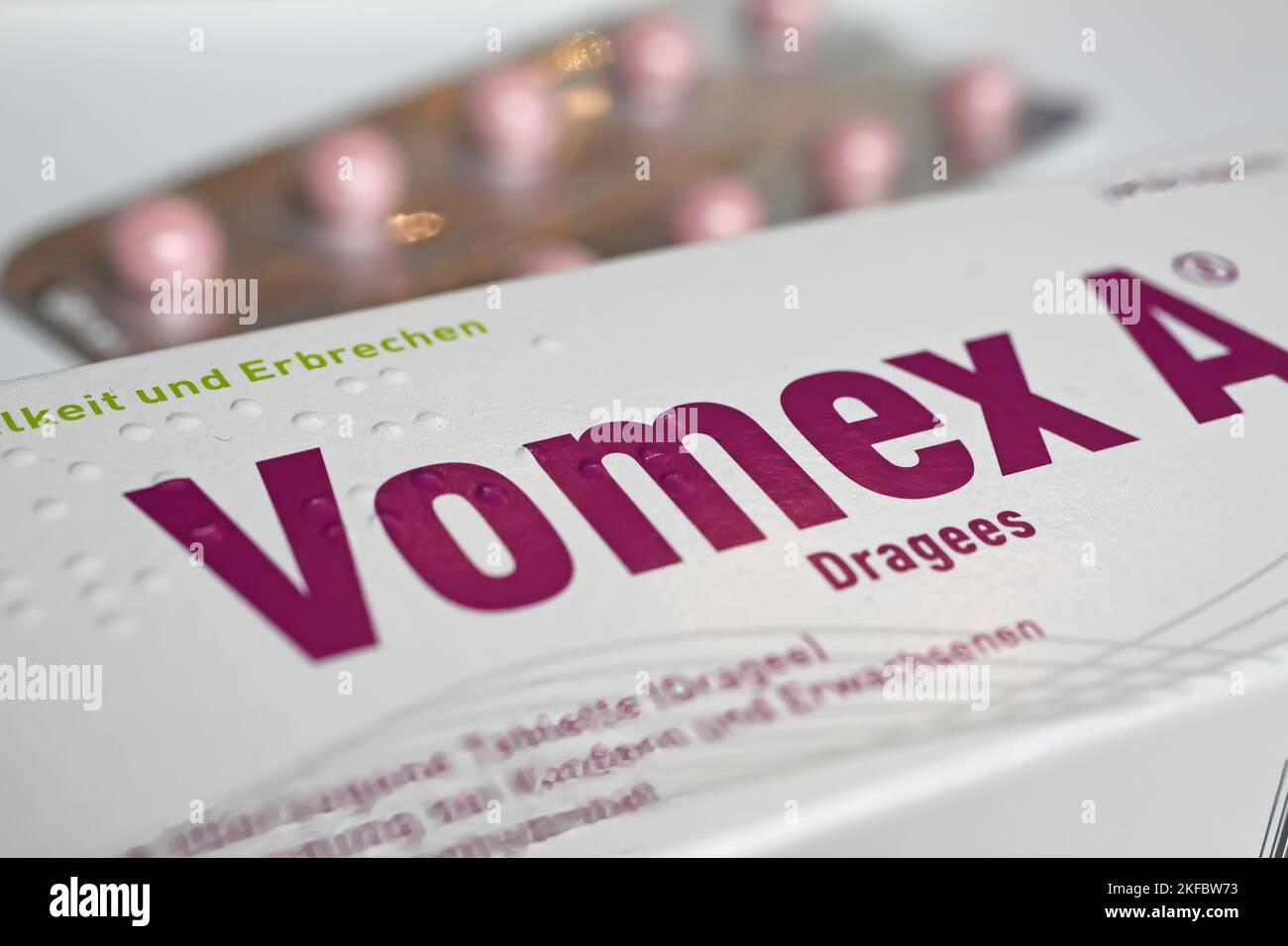 Viersen, Germany - June 9. 2022: Closeup of packet Vomex dragees ...