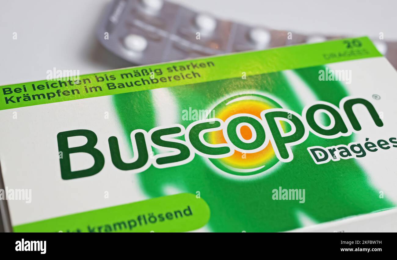 Viersen, Germany - Juin 9. 2022: Closeup of Buscopan pills packet ...
