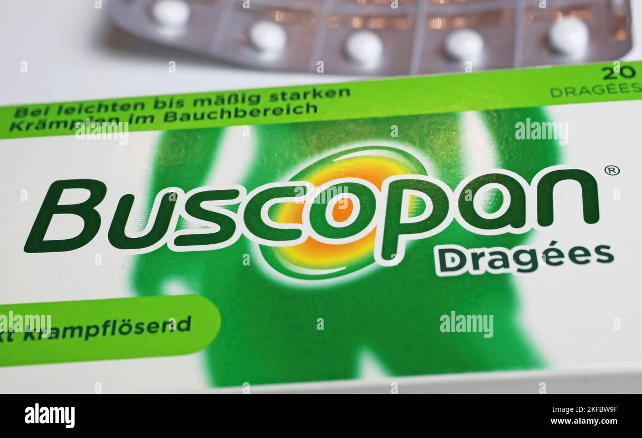 Viersen, Germany - Juin 9. 2022: Closeup of Buscopan pills packet ...