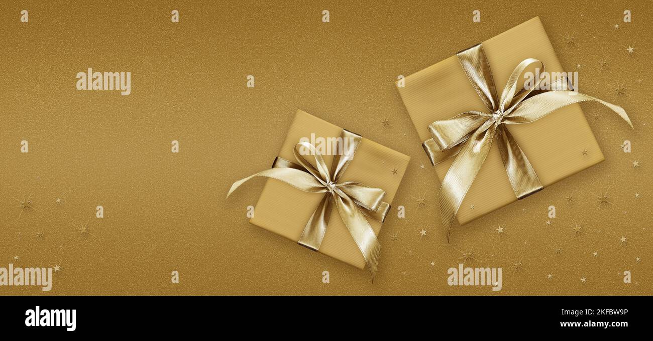 Blank gift greeting card with beige box and shiny golden ribbon bow ...
