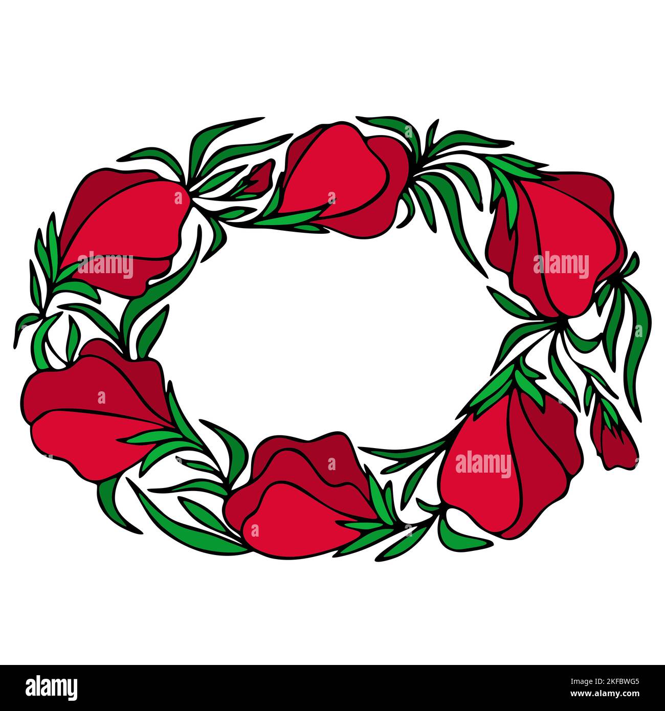 flower frame of large red flower buds on a white background, border ...