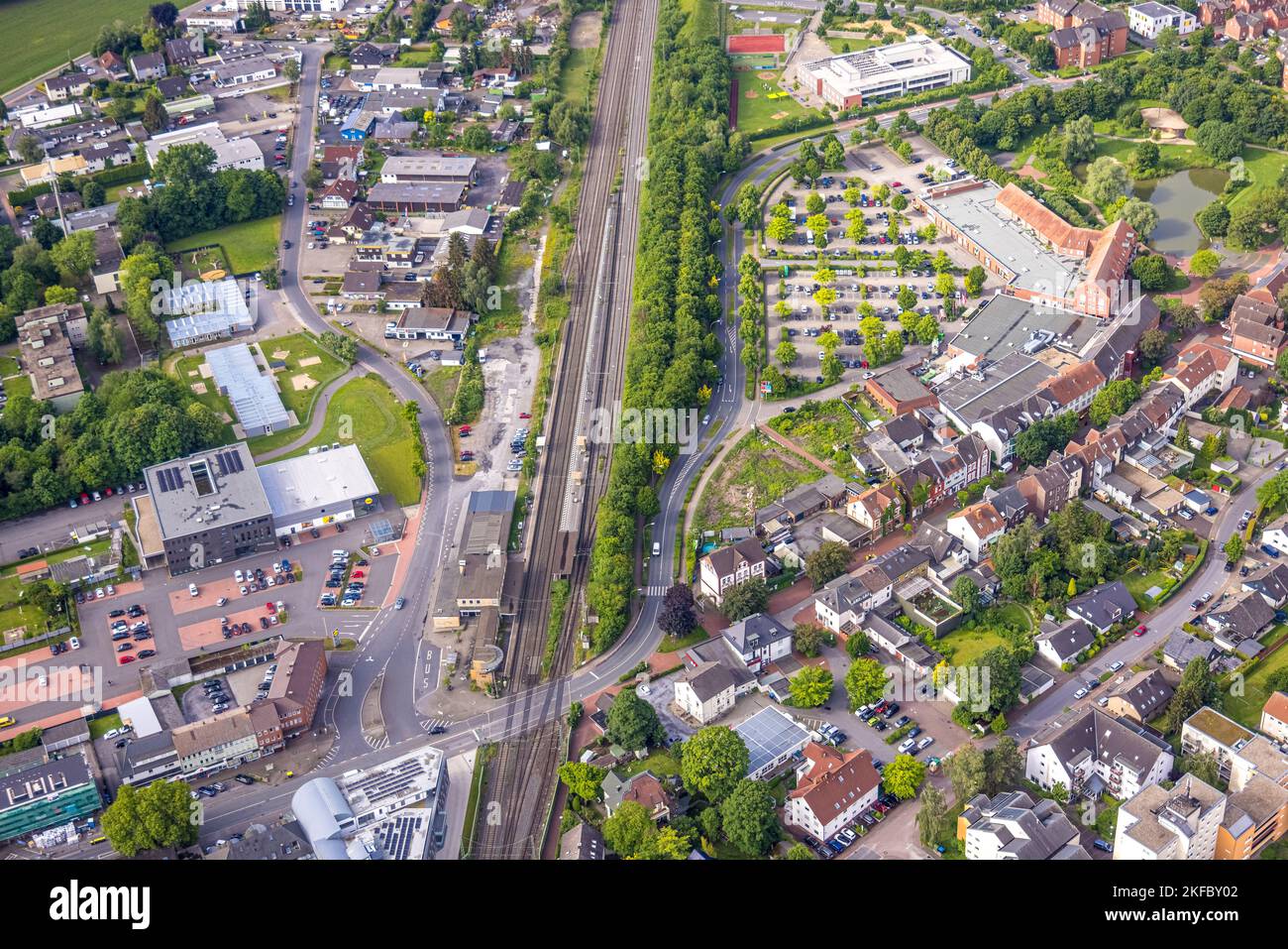 Aerial view, town hall, Bönen train station, local shopping center ...
