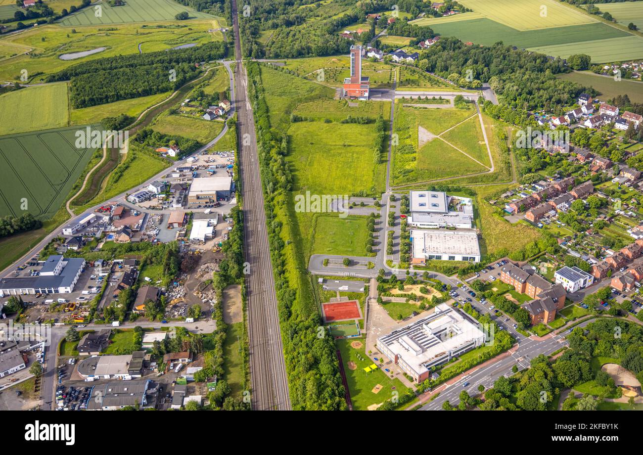Aerial view, winding tower Bönen and area of the former coal mine ...