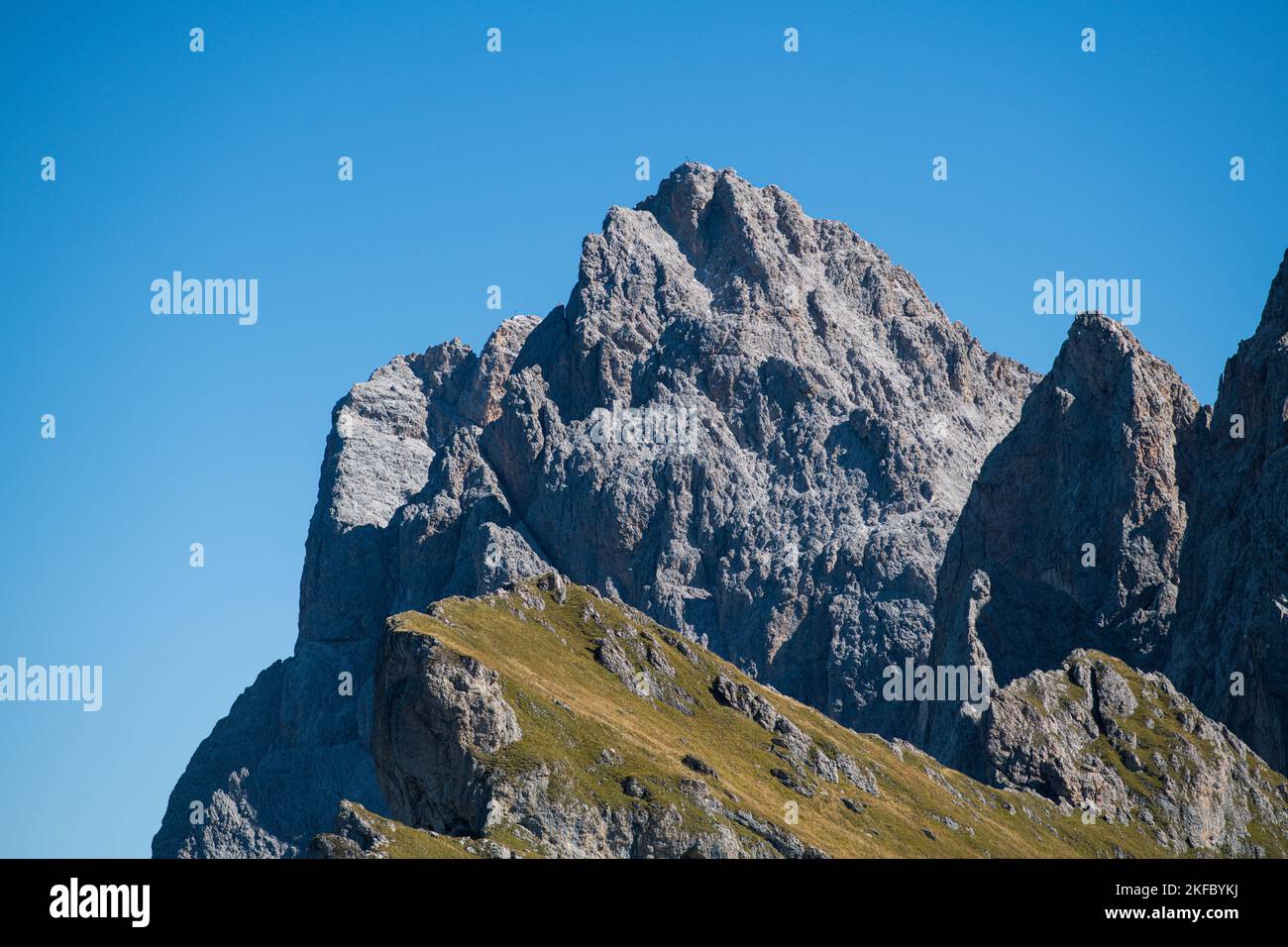 A beautiful view of rocky peaks of Seceda mountain in Italian Dolomites ...
