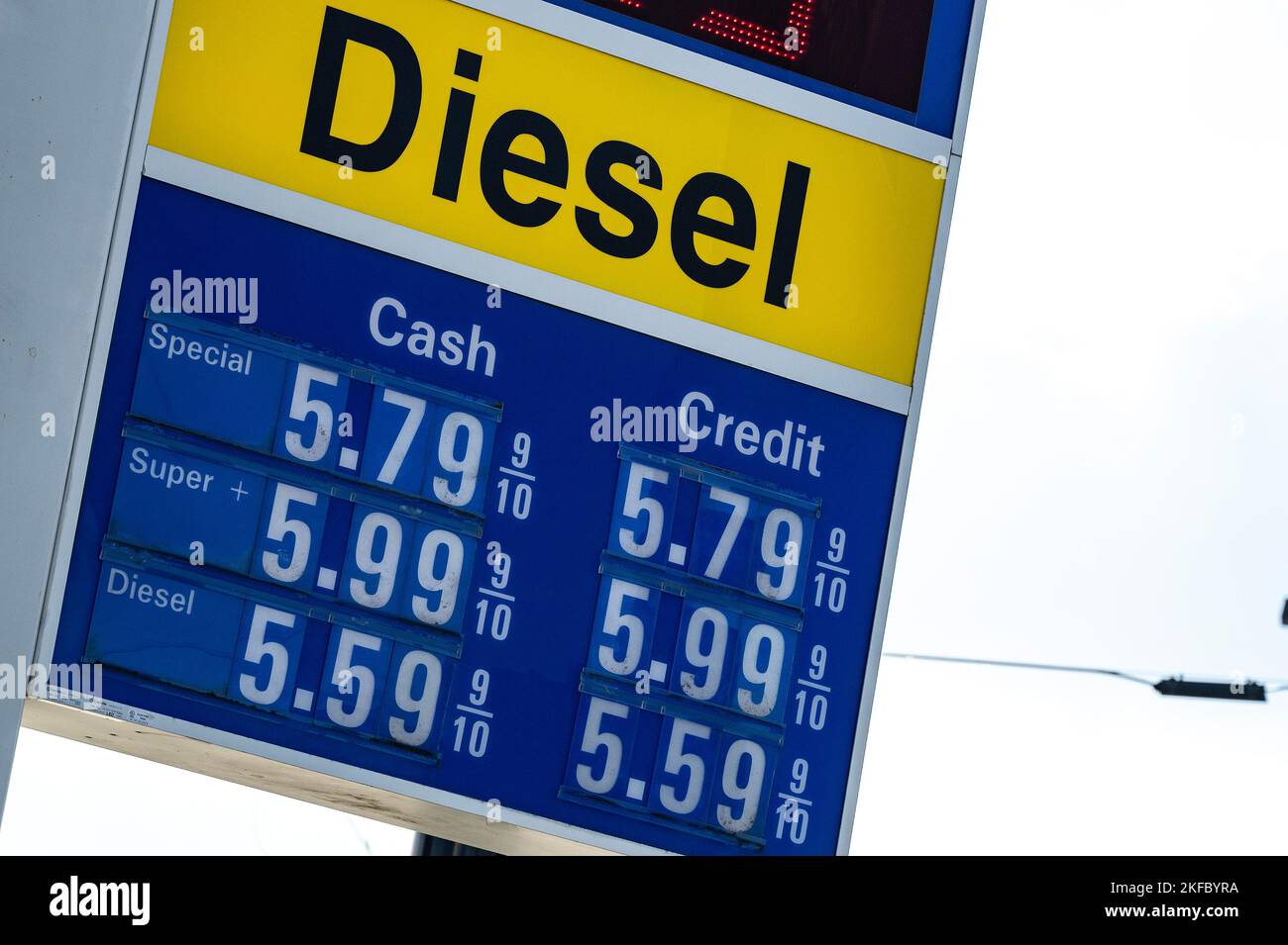 The price of a gallon of diesel gas is advertised outside of a Mobil ...