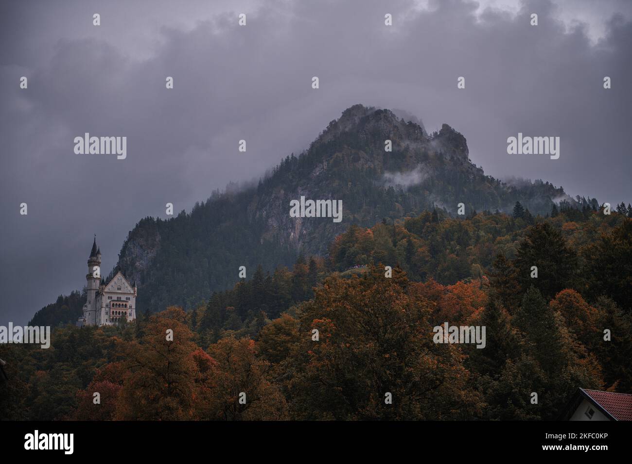 A scenic shot of Neuschwanstein castle on a beautiful mountain cliff ...