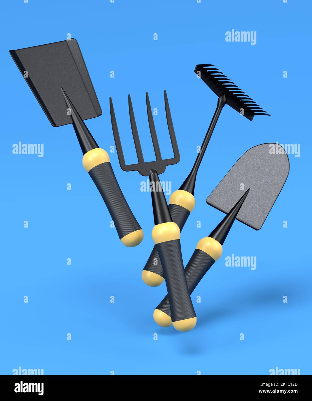 Garden shovel, pitchfork and rake on blue background. 3d render of ...