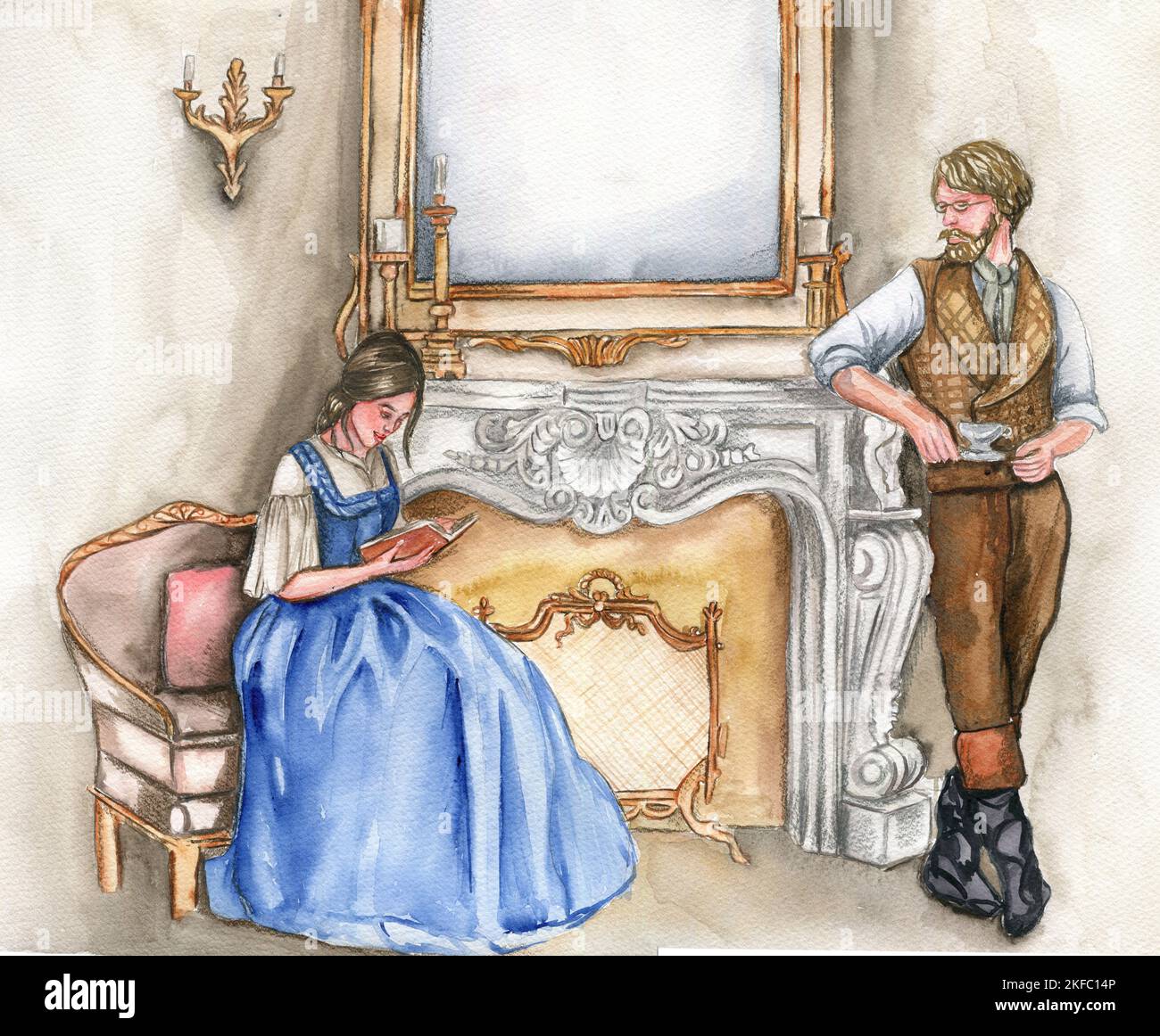 Watercolor hand drawn romantic fairy tale story with girl, the beast ...