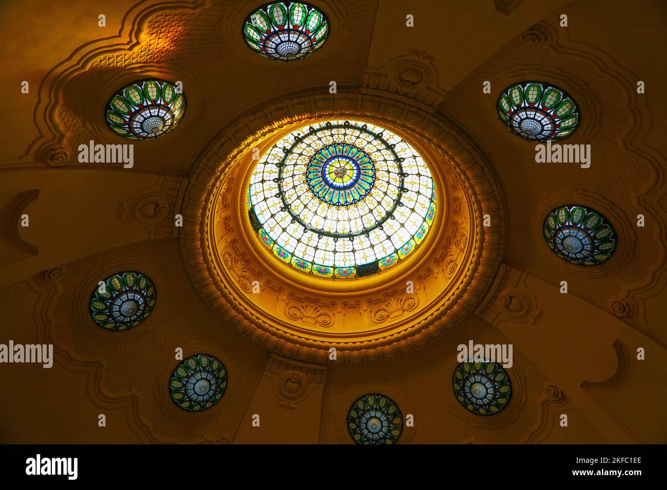 A low angle of a spa ceiling light window in Gellert, Budapest, Hungary ...