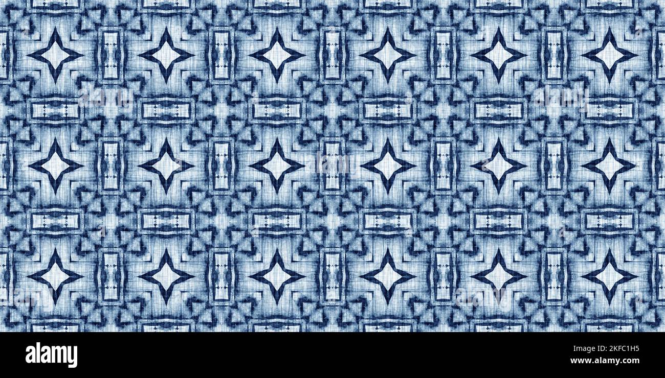 Indigo dye wash coastal damask seamless border pattern. Washed out ...