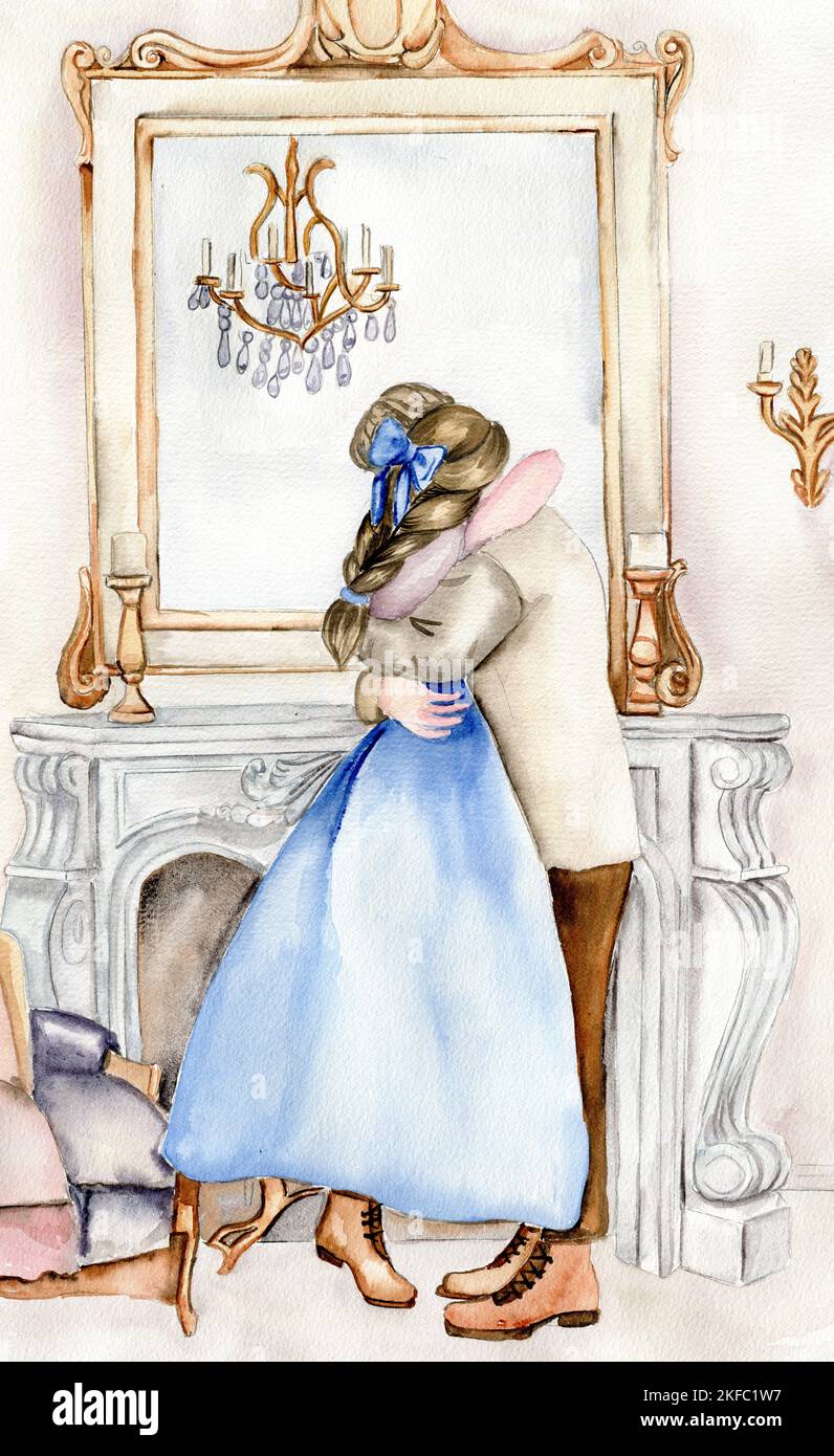 Watercolor hand drawn romantic fairy tale story with girl, the beast ...