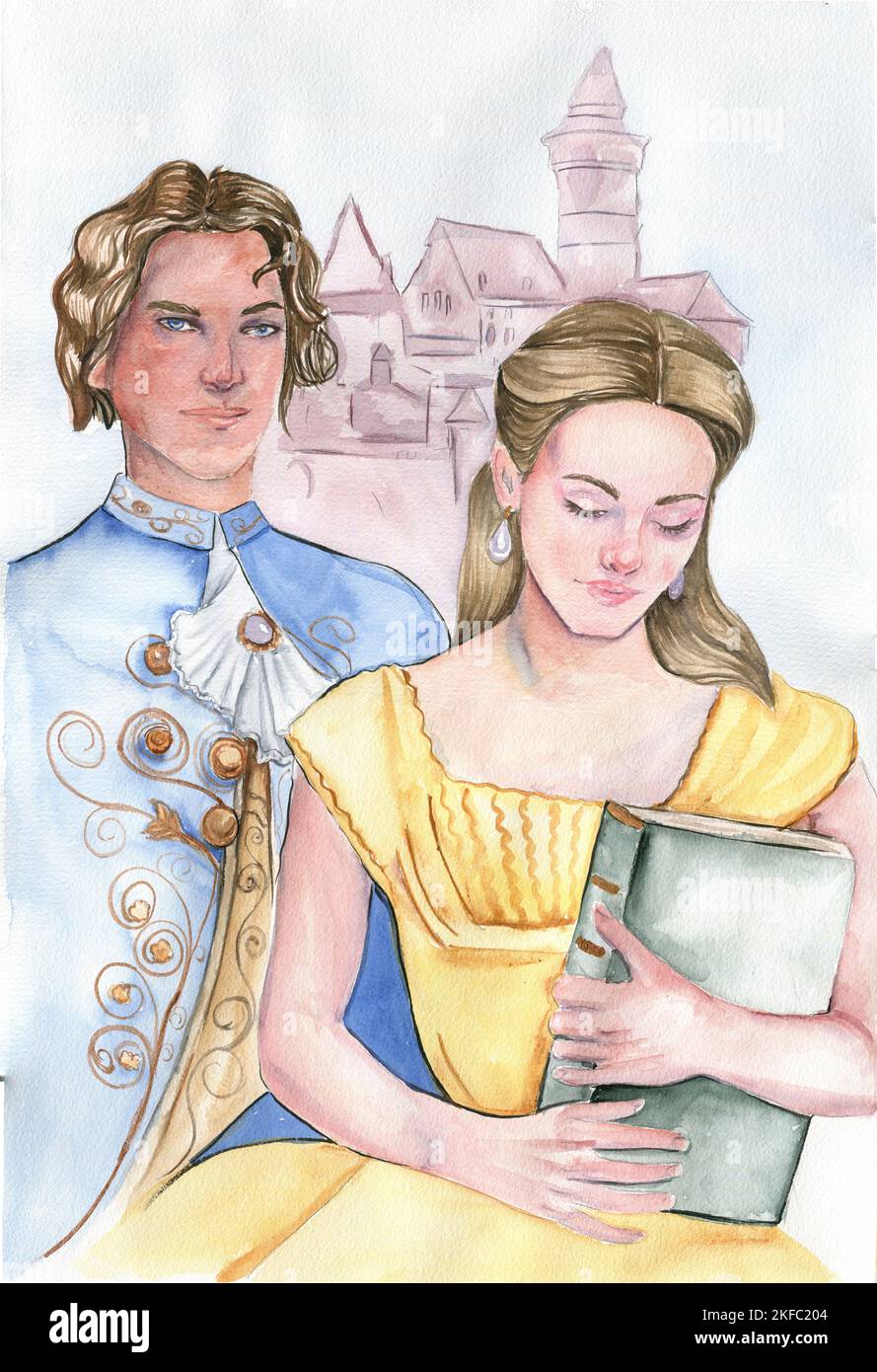 Watercolor hand drawn romantic fairy tale story with girl, the beast ...