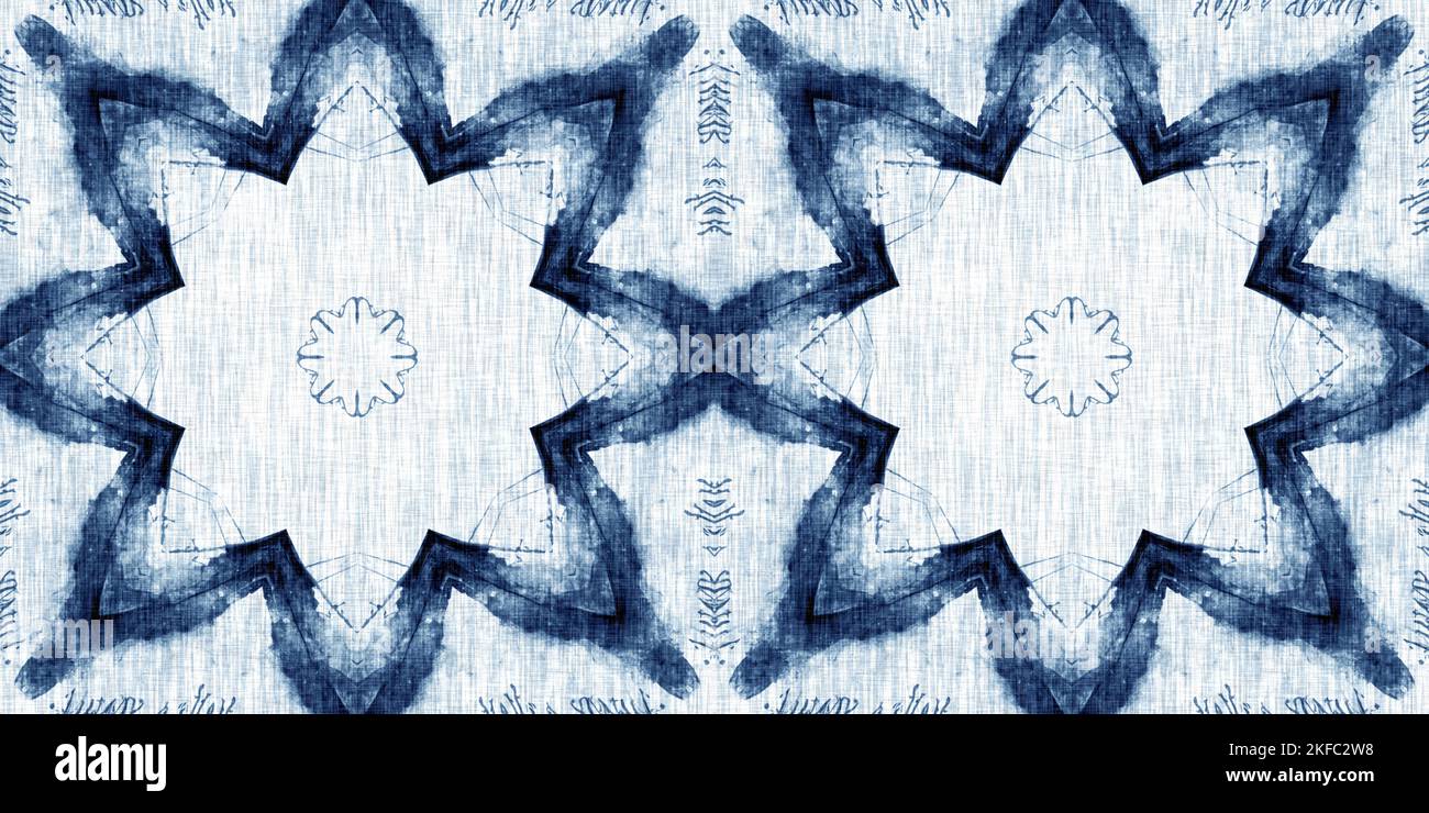 Indigo dye wash coastal damask seamless border pattern. Washed out ...