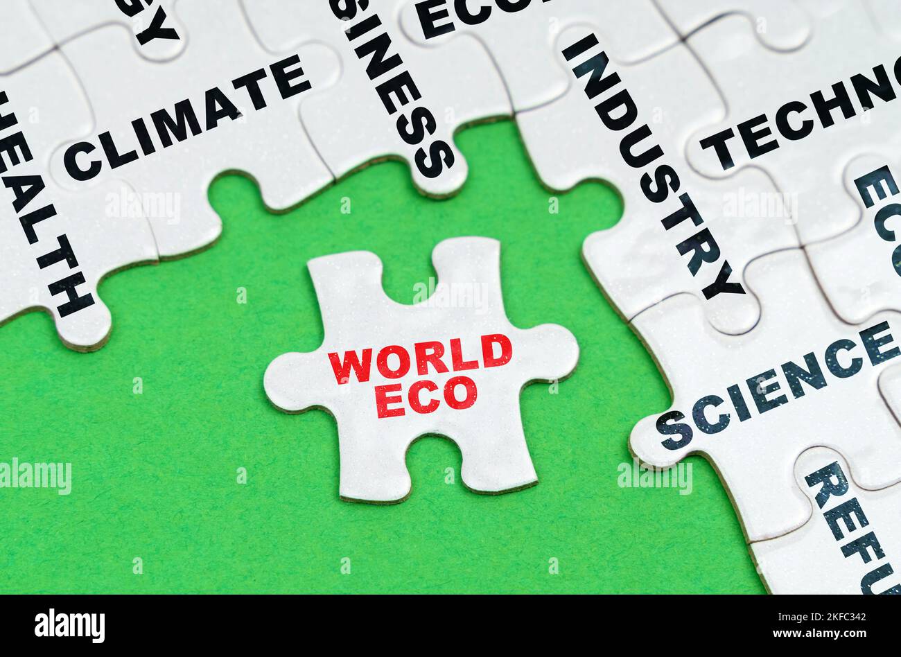 Environmental concept. On a green background, white puzzles with text ...