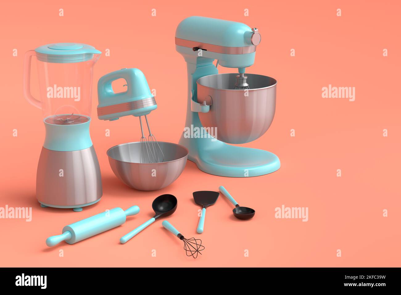 Mixer with kitchen utensil for preparation of dough on coral background ...