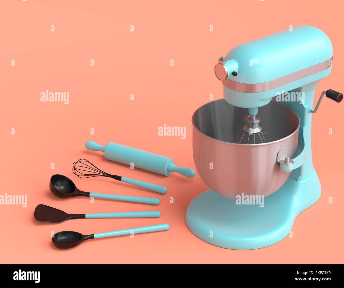 Mixer with kitchen utensil for preparation of dough on coral background ...