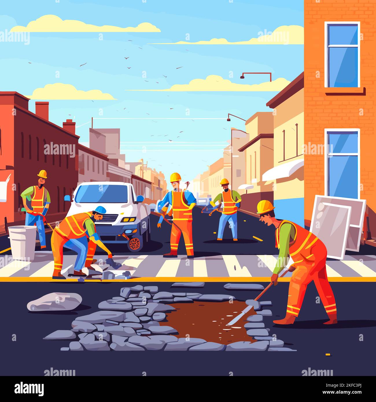 A digital art of construction workers repairing a street Stock Vector ...