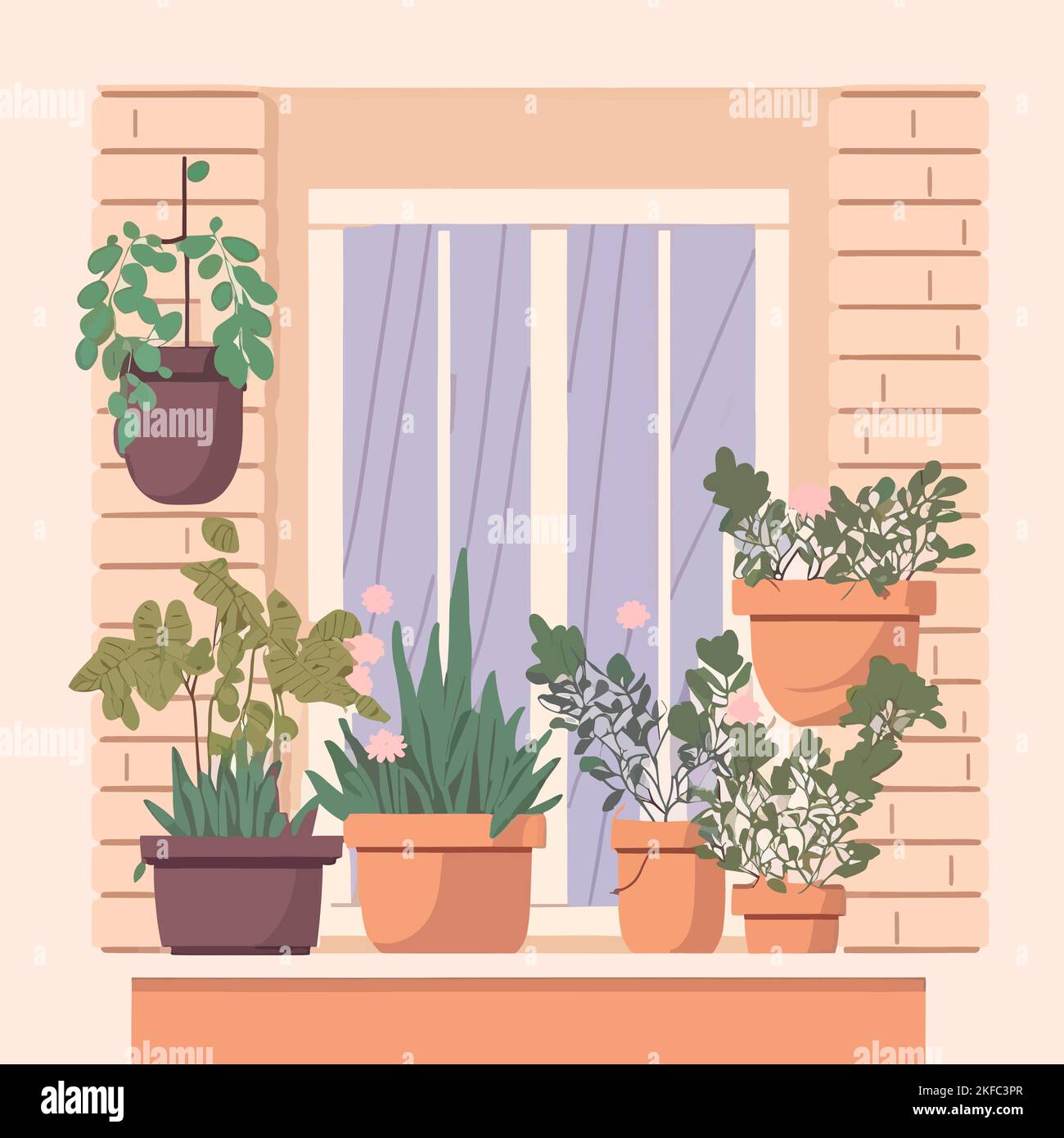 A digital art of different potted plants on a balcony window Stock ...