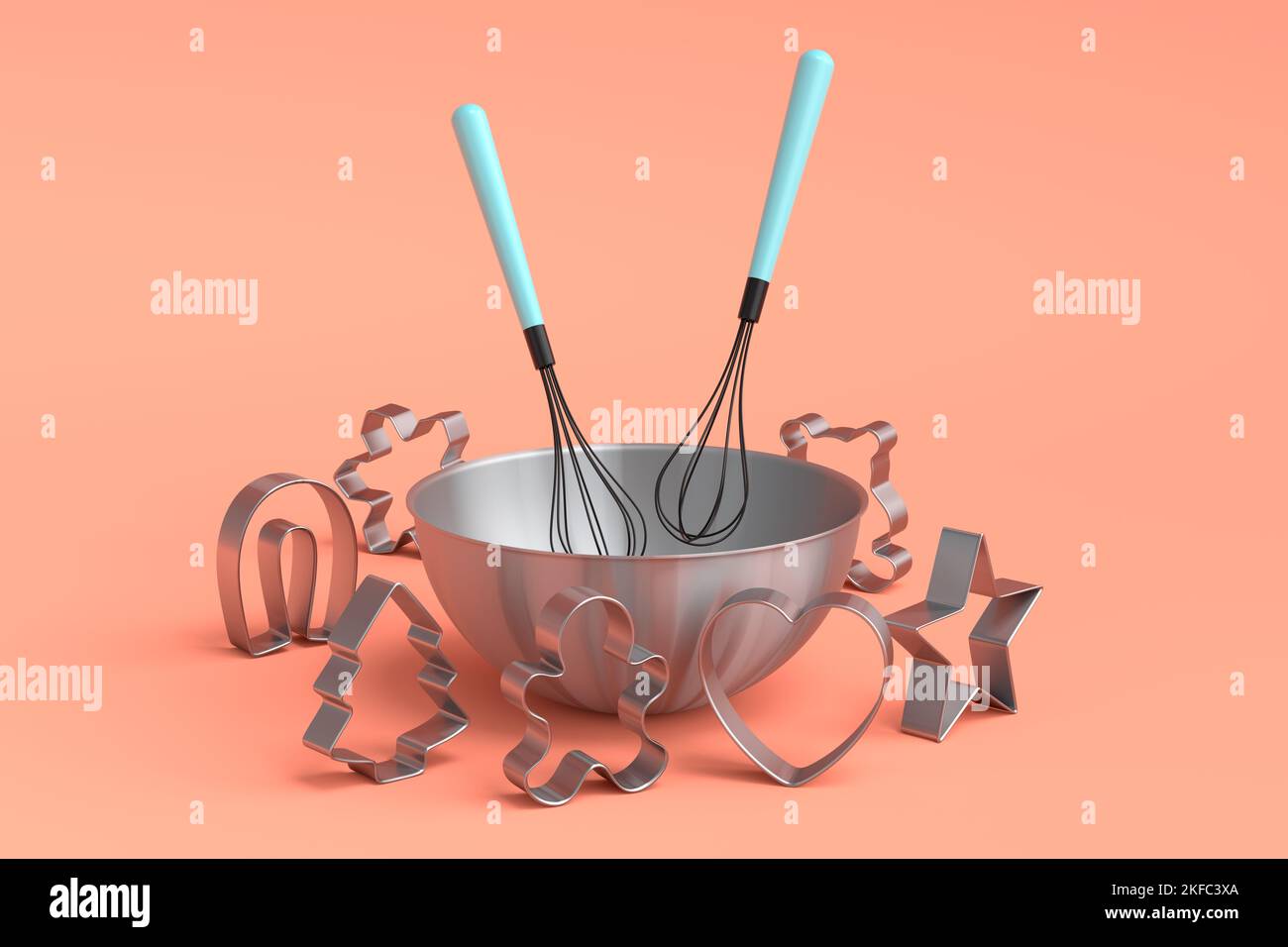 Metal bowl and cookie cutters with kitchen utensil for preparation of ...