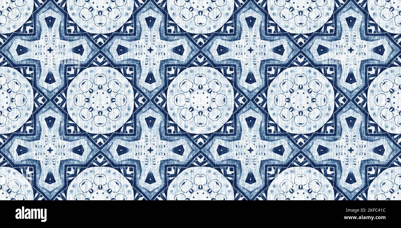Indigo dye wash coastal damask seamless border pattern. Washed out ...