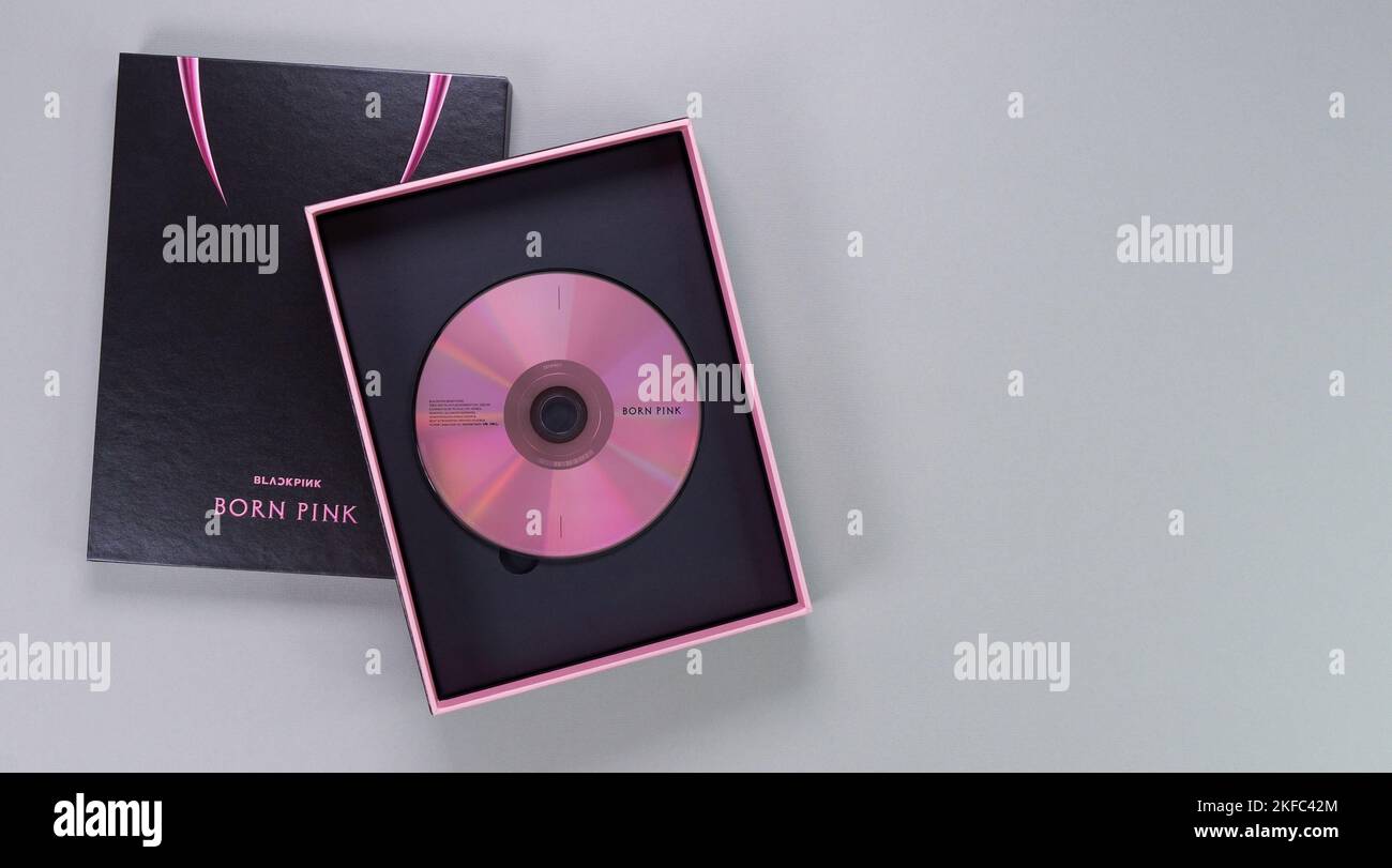 BlackPink BORN PINK 2nd Album Box set on grey background. Pink music CD ...