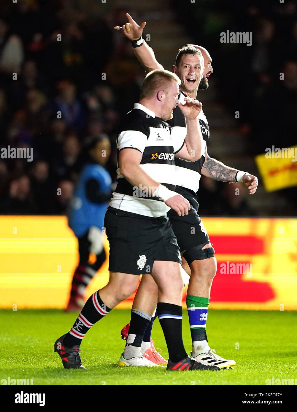 Barbarians' Scott Scrafton (centre) celebrates scoring a try with team ...