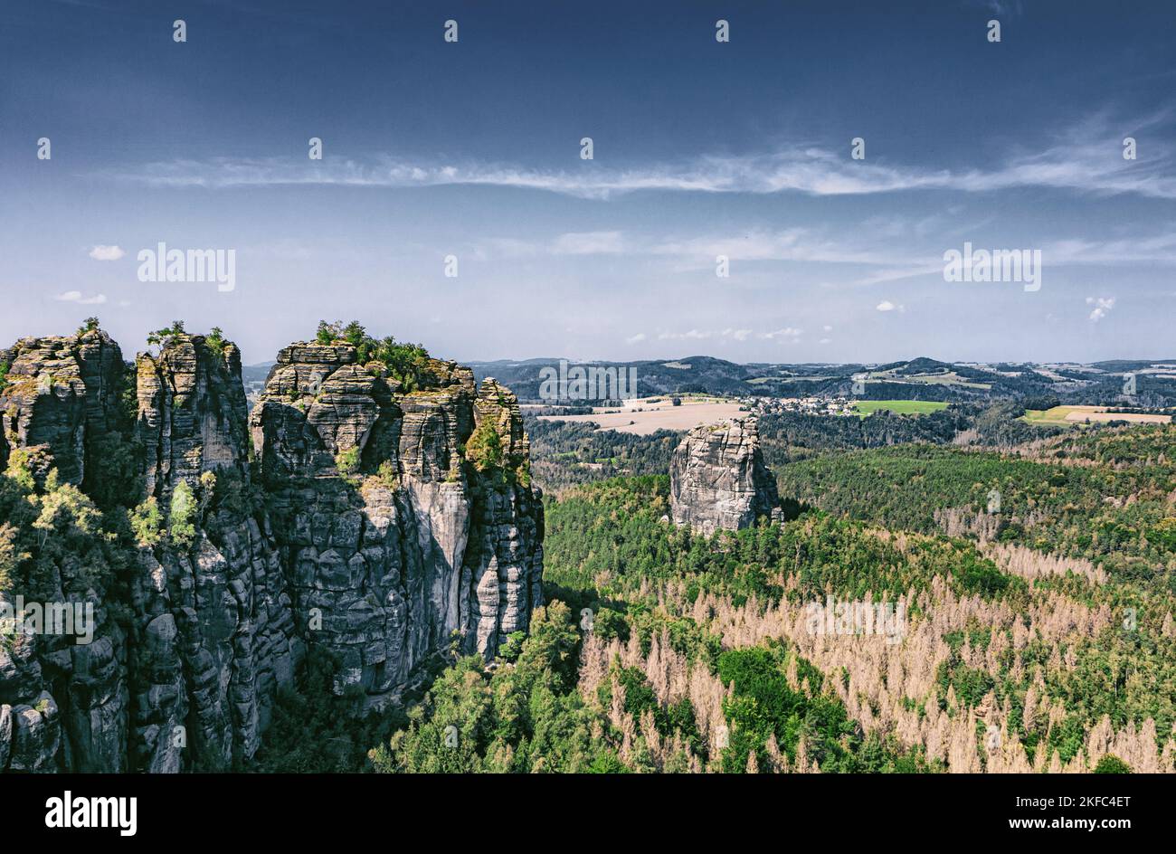 Elbe Sandstone Mountains. Panoramic shot of the canyon mountains during ...
