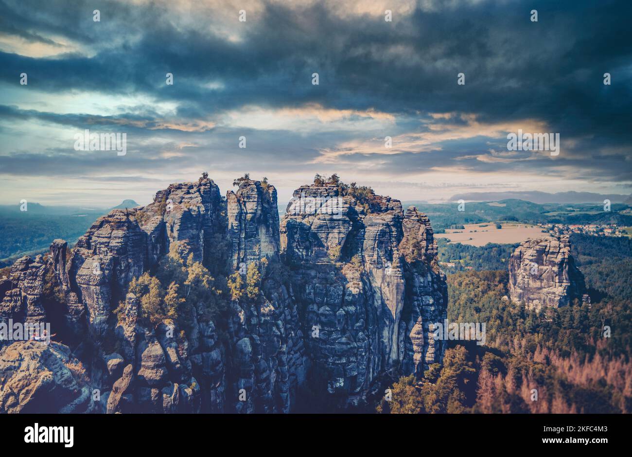 Elbe Sandstone Mountains. Panoramic shot of the canyon mountains during ...