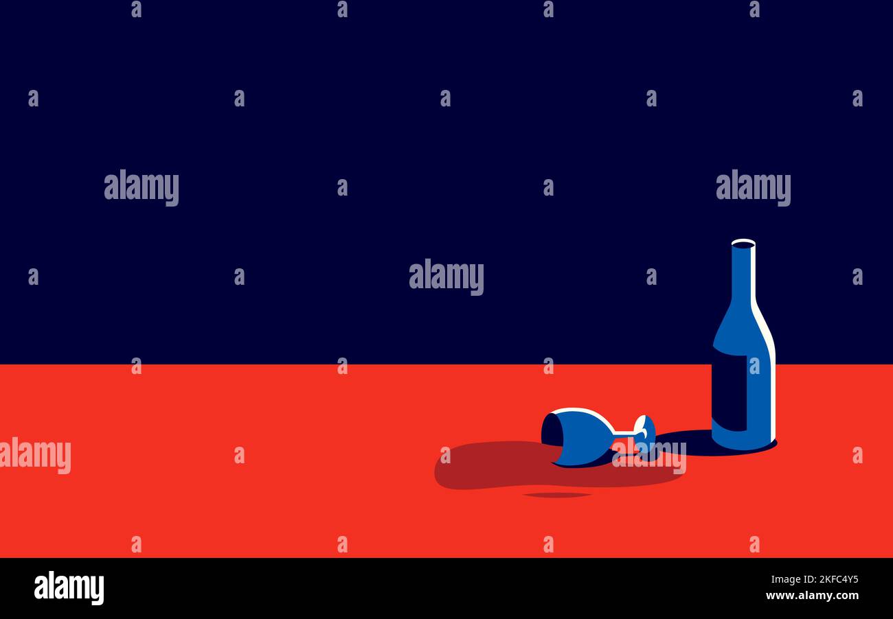 Vector illustration of a bottle of wine and a spilled glass with red ...