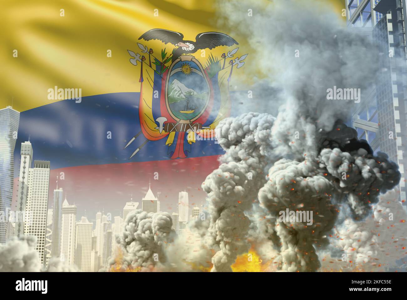 big smoke pillar with fire in abstract city - concept of industrial ...