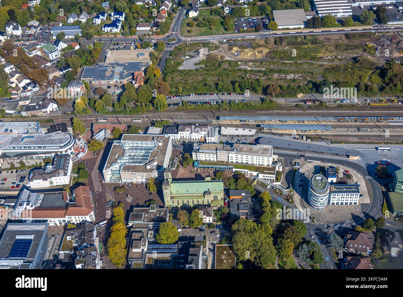 Aerial view, city hall, catholic church St. Katharina, hotel, train ...